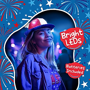 Fun Central LED Light Up Sequin Fedora Hats for Men & Women - Blue (LED, Red/White/Blue)