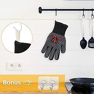QUWIN BBQ Gloves, Oven Gloves 1472℉ Extreme Heat Resistant, Grilling Gloves Silicone Non-Slip Oven Mitts, Kitchen Gloves for BBQ, Grilling, Cooking, Baking-1 Pair… (One Size Fits Most, Black)