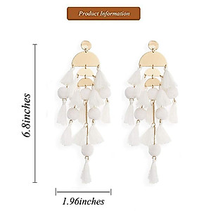 Boho Earrings for Women White Tassel Earrings Long Dangle Statement Earrings Handmade Summer Beach Jewelry for Vocation