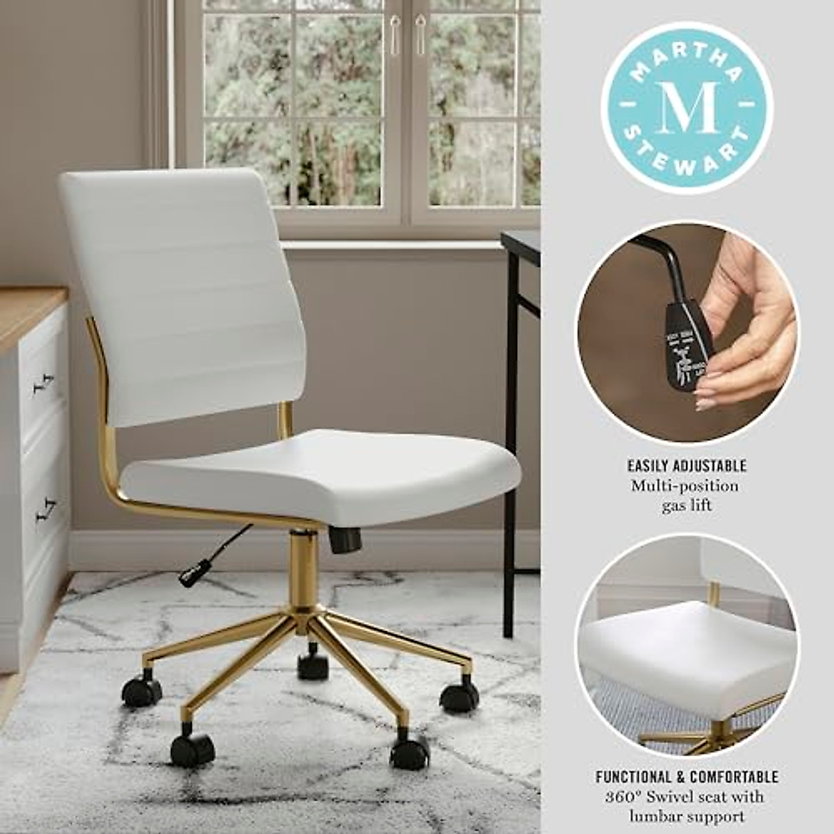 Martha Stewart Ivy Armless Swivel Task Chair for Home Office in White Faux Leather with Polished Brass Frame