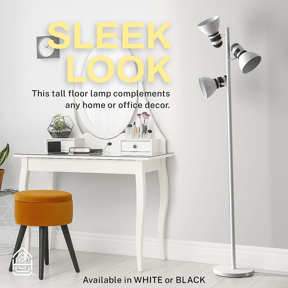 3 Light Floor Lamp Adjustable Standing Lamp for Living Room, Bedroom and Office, 60W Bright Spotlight Lighting - Rotating Swivel Corner Light for Reading, Modern Tree Lamps (White)