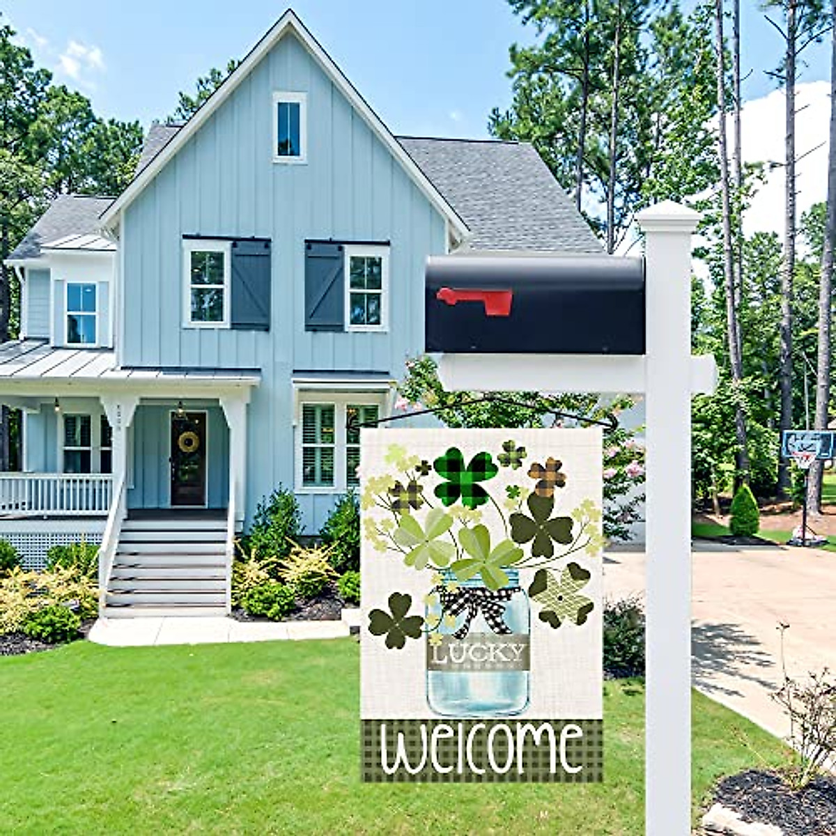 St Patricks Day Garden Flag 12x18 Inch Double Sided Burlap, Welcome Lucky Shamrocks Sign Seasonal Yard Outdoor Decorations DF186