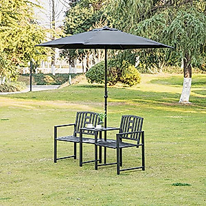Outsunny Tete-a-Tete Outdoor Bench with Center Table & Umbrella Hole, Garden Bench for 2-Person, Metal Frame Patio Loveseat with Armrest, Slatted Backrest and Seat, Black