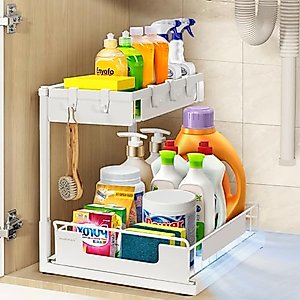 Large Under the Sink Organizer Bathroom, 2-Tier Kitchen Under the Sink Organizers and Storage with 4 Hooks, Cabinet Storage Shelves No Drilling Rustproof Stainless Steel Pull Out Shelf, White