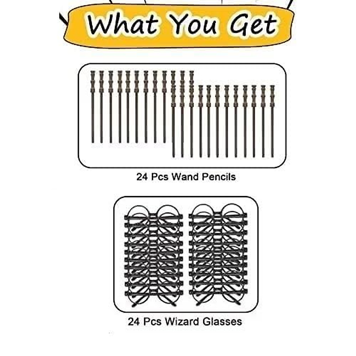 Party Supplies -24pcs Wand Pencil, 24pcs Black Glasses with Round Frame No Lenses for School Party, Birthday , Cosplay Party Decor, Halloween (48pcs all)