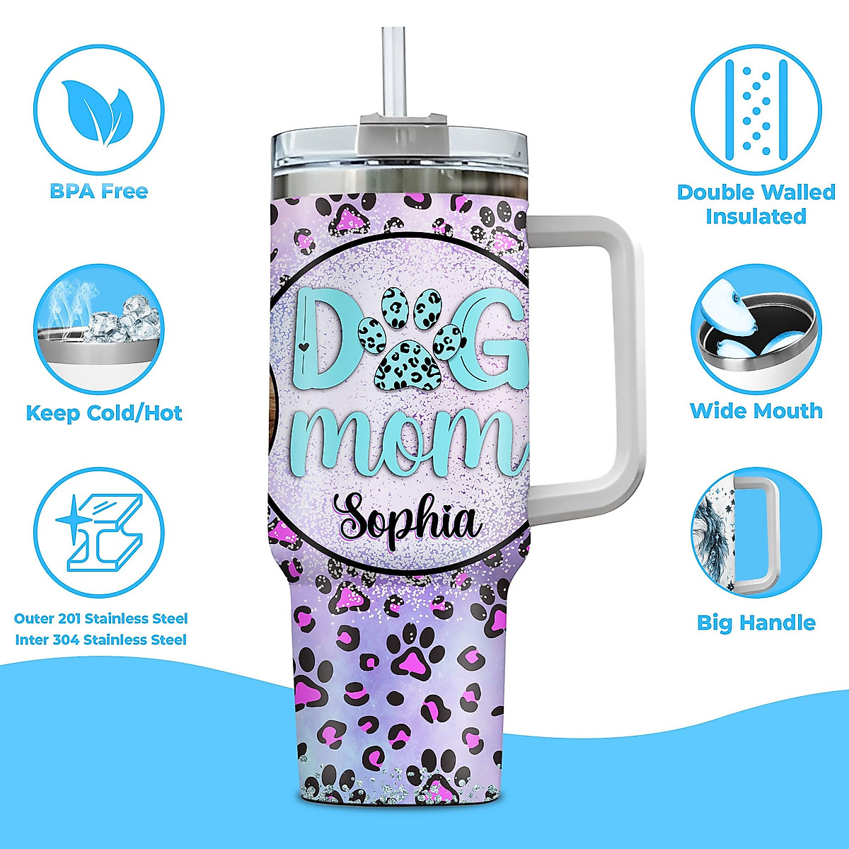 Hyturtle Personalized Picture Dog Mom 40oz Tumbler with Handle and Straw Gifts for Dog Lovers, Cute Birthday Mother's Day Cup Gifts For Women, Dog Themed Gift Idea Stainless Steel Travel Cup With Lid