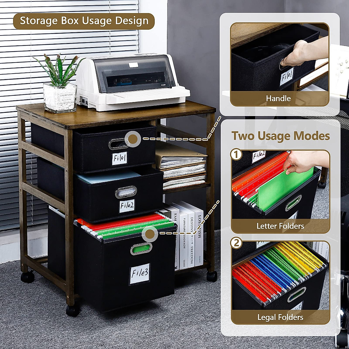 Homde 3 Drawer Bamboo File Cabinet Whit Wheel,Mobile Office Lateral File Cabinets,File Folders for Filing Cabinet,Printer Stand with Open Storage Shelf fits A4 Letter Size for Home Office,Brown