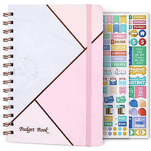 Budget Planner Book, 12 Monthly Financial Organizer, 6" x 8.2", Planner Organizer with Expense Tracker Undated Accounts Book, Account Book with Pocket, Stickers - Pink Marble
