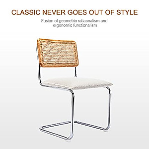 Zesthouse Mid-Century Modern Dining Chairs, Accent Rattan Kitchen Chairs, Armless Mesh Back Cane Chairs, Upholstered Fabric Chairs with Metal Chrome Legs, Set of 2, White