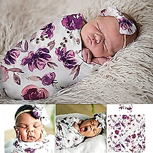Baby Swaddle Blanket Newborn Girl Swaddle and Headband Set Purple Flowers Floral Print Wrap Shower Gift