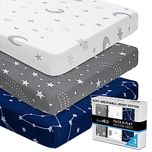 GROW WILD Pack n Play Fitted Sheets 3-Pack | Breathable Pack and Play Jersey Cotton Crib Sheets | 38” x 24" Mini Crib Sheet & Crib Bedding Set for Baby Boys | Stars and Moon Nursery Decor