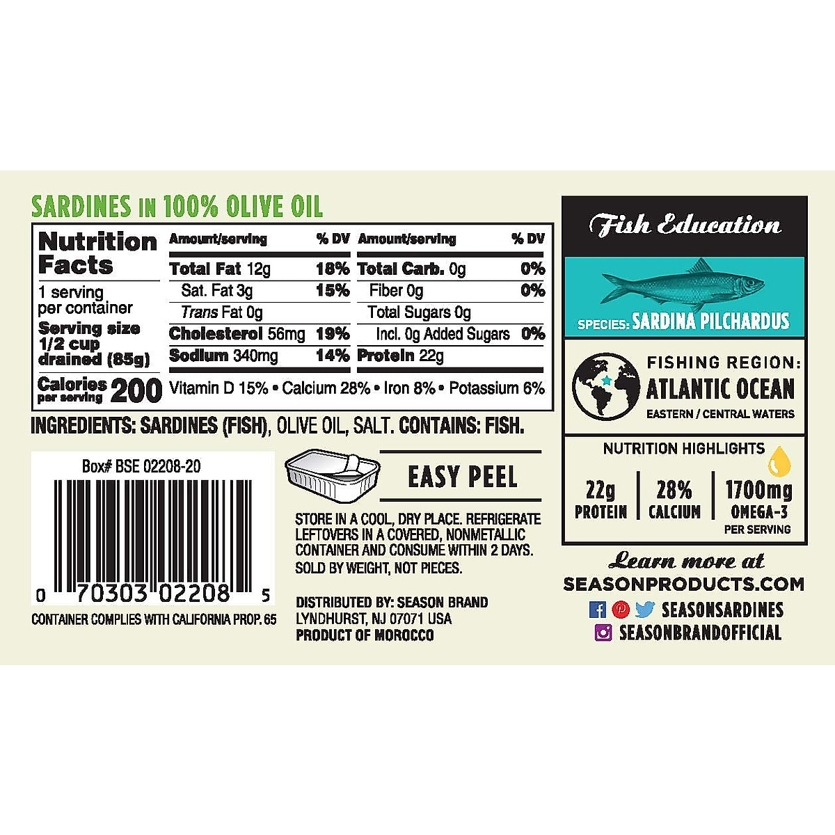 Season Sardines in Olive Oil – Wild Caught, 22g of Protein, Keto Snacks, More Omega 3's Than Tuna, Kosher, High in Calcium, Canned Sardines – 4.37 Oz Tins, 12-Pack