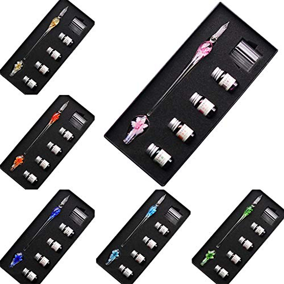 BUZHI Handmade Floral Glass Dip Pen Set,Signature Pen Glass Calligraphy Pen and 4 Colors Ink,1 Pen Holder,1 Washing Bottle,for School Stationery Gifts