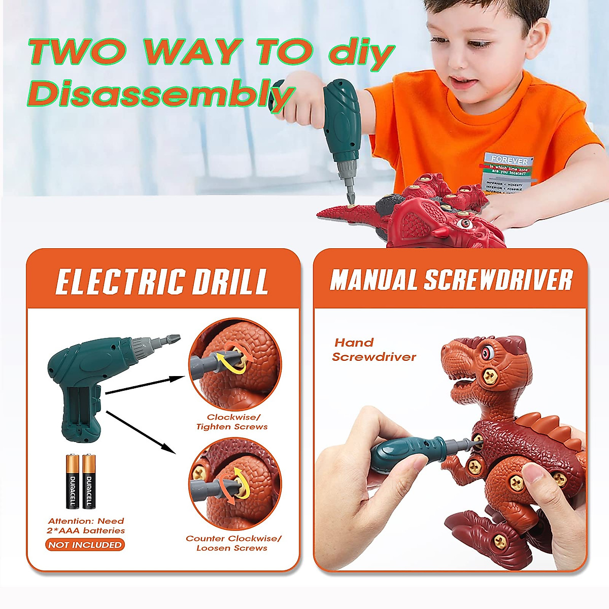 UNIWA Take Apart Dinosaur Toys, Dinosaur Toys with Dino Roar, STEM Construction Building Toys for Kids 3-5 5-7 with Electric Drill, Party Birthday Easter Gifts for 4 5 6 7 8 Year Old Boys Girls