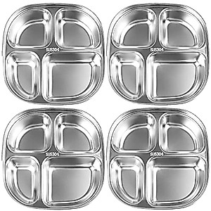 DEAYOU 4 Pack 18/10 Stainless Steel Divided Plates, Small Platter Compartment Tray with 4 Sections, Portion Control Serving Plate, Mess Food Sectioned Tray for Dinner, Lunch, Child, Cafeteria, 7.7"