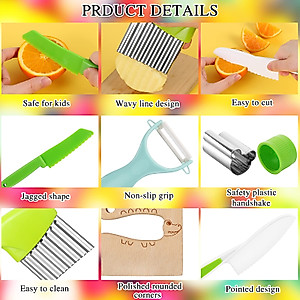 MIKIMIQI 11 PCS Kids Kitchen Knife Set, Wooden Kids Knife Safe Knives for Real Cooking Serrated Edges Children Cooking Utensils Tools Plastic Knife for Toddlers with Potato Slicers Cutting Board