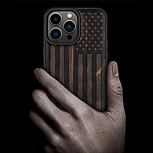 Carveit Magnetic Wood Case for iPhone 14 Pro Max [Natural Wood & Black Soft TPU] Shockproof Protective Cover Unique & Classy Wooden Case Compatible with magsafe (American Flag -Blackwood)