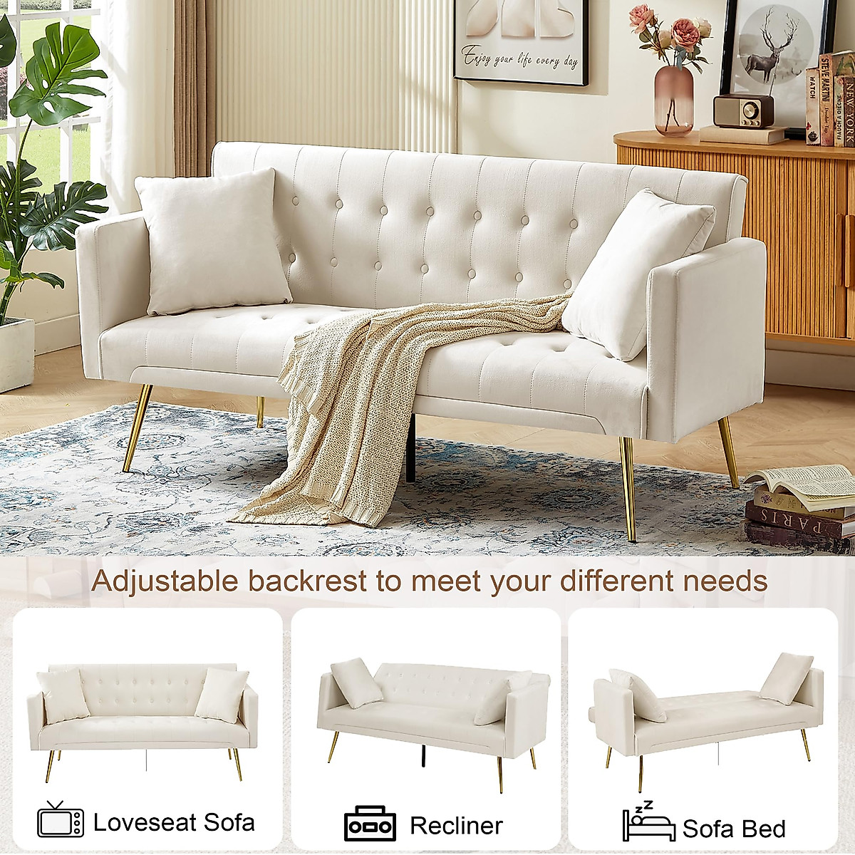 Anwick 72" Velvet Satin Futon Sofa Bed,Convertible Sleeper Couch Bed with 2 Pillows,Modern Tufted Recliner Loveseat with Golden Metal Legs for Small Home Office Living Room (Beige-Button Tufted)