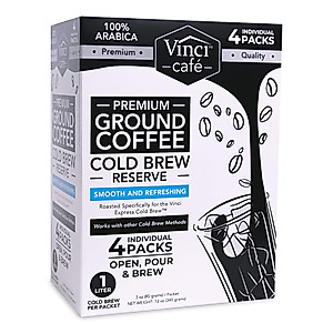 Vinci Cafe Cold Brew Reserve Premium Ground Coffee Smooth and Refreshing, Made with 100% Arabica Coffee, Portion Sized, 3 Oz Bag, 4-Count