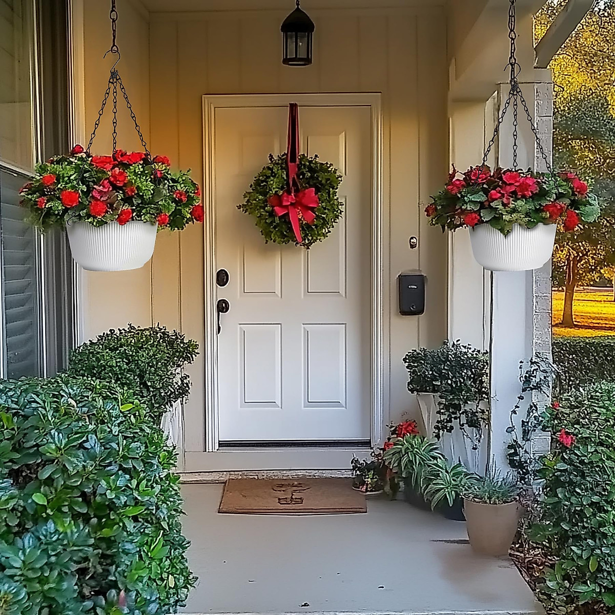 T4U 10 Inch Hanging Planters for Indoor Outdoor Plants, 2 Pack White Self Watering Hanging Plant Pot, Hanging Pots Set with Drainage Hole & Plug & Chain with 3 Hooks for Garden Home Decor
