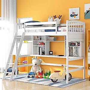 Harper & Bright Designs Twin Loft Bed with Desk for Kids, Wood Bunk Beds with Desk, No Box Spring Needed (White Loft Bed with Desk)