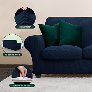CHUN YI 3 Pieces Stretch Loveseat Sofa Cover Bandles 4 Pieces Stretch Sofa Cover, Washable Soft Sofa Slipcover with Separate Seat Cushion Covers, Dark Blue
