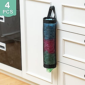 Plastic Bag Holder Breathable Mesh Hanging Storage Dispensers Recycling Grocery Bag Storage Container Folding Hanging Shopping Bag Holder for Home and Kitchen(Black,4 Packs)