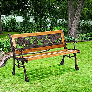 YRLLENSDAN Metal Patio Bench for Kid, 32in Wood Small Outdoor Bench Clearance Cute Children Bench Outside Bench Animals Back Garden Bench for Porch Lawn- Bronze