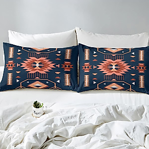 Southwest American Fitted Sheet Twin Size Indian Tribal Aztec Style Deep Pocket Sheet Vintage Navy Blue Red Bedding Set 2pcs for Kids Teens Adults Room Decor Abstract Art Sheet Set,1 Pillowcase
