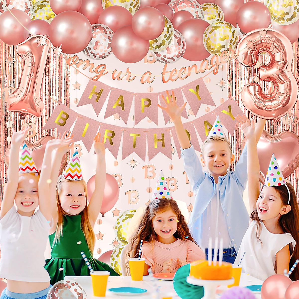 ZERODECO Rose Gold Birthday Party Decorations 13th, Happy Birthday Banner Fringe Curtain 13 Garland Heart Star Foil Confetti Balloons for Women Girls Queen Princess Birthday Party