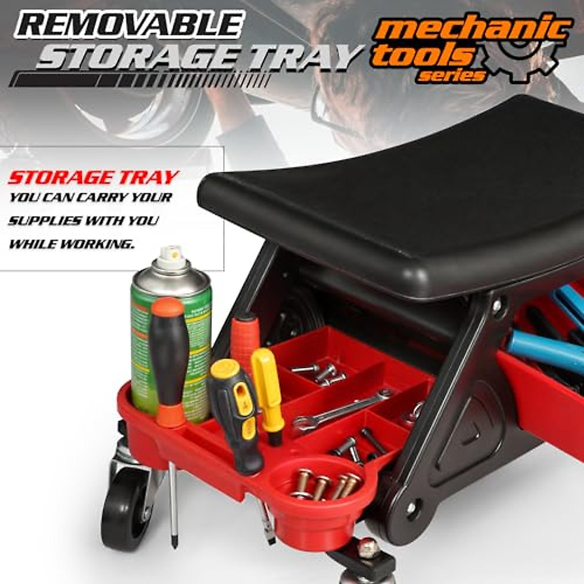 M-AUTO Rolling Mechanic Stool Garage Roller Chair Creeper Seat w/Storage Tool Tray and Drawers,300LBS Capacity Workbench Stool with Lockable Rollers for Home Garage DIY Automotive, 25" Red