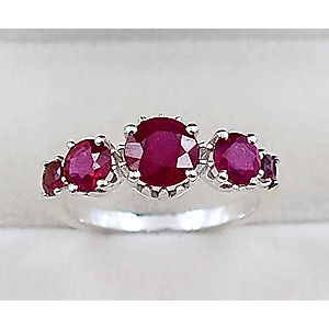 7 MM Round Cut Natural Red Ruby Gemstone 925 Sterling Silver July Birthstone Three Stone Proposal Ring For Girlfriend Gift (Rose Gold Rhodium Plated Silver, 9)