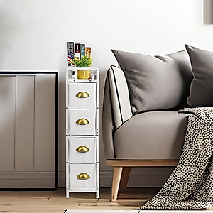 HAITRAL Narrow Dresser - 4 Drawers Fabric Storage Cabinet - Vertical Standing Storage Chest - Gaps Tower Organizer with Removable Drawers and Wooden top for Laundry, Living Room, Entryway (White)