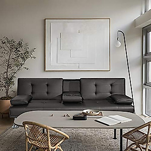 VICTONE Futon Sofa Bed Modern Faux Leather Couch Bed Convertible Folding Recliner for Living Room with 2 Cup Holders and Armrest (Black)