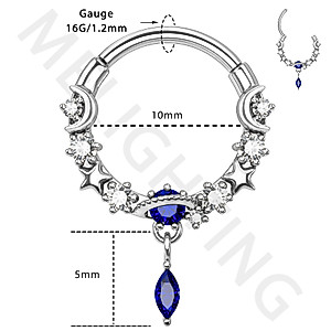 Melighting 16G Septum Rings Dangle Septum Jewelry with Blue Planet Clear CZ Surgical Steel 316L Star Daith Earrings Moon Helix Earring Nose Rings Piercing for Women Men