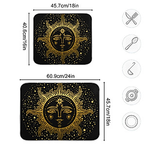 Hand Drawn Gold Golden Face of the Sun Stars on Black Dark Kitchen Dish Drying Mat, Absorbent Microfiber Pad Drainer, Heat-resistant Countertops Sinks Protector with Hanging Loop 18"x24"