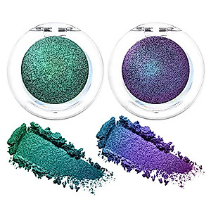 evpct 2Pcs Mermaid Duochrome Iridescent Eyeshadow Palette Bright Purple Emerald Green Blue Glitter Shimme Loose Eyeshadow Palette Pigments MultiChrome Chameleon Chrome Holographic Eyeshadow,2g,03&04