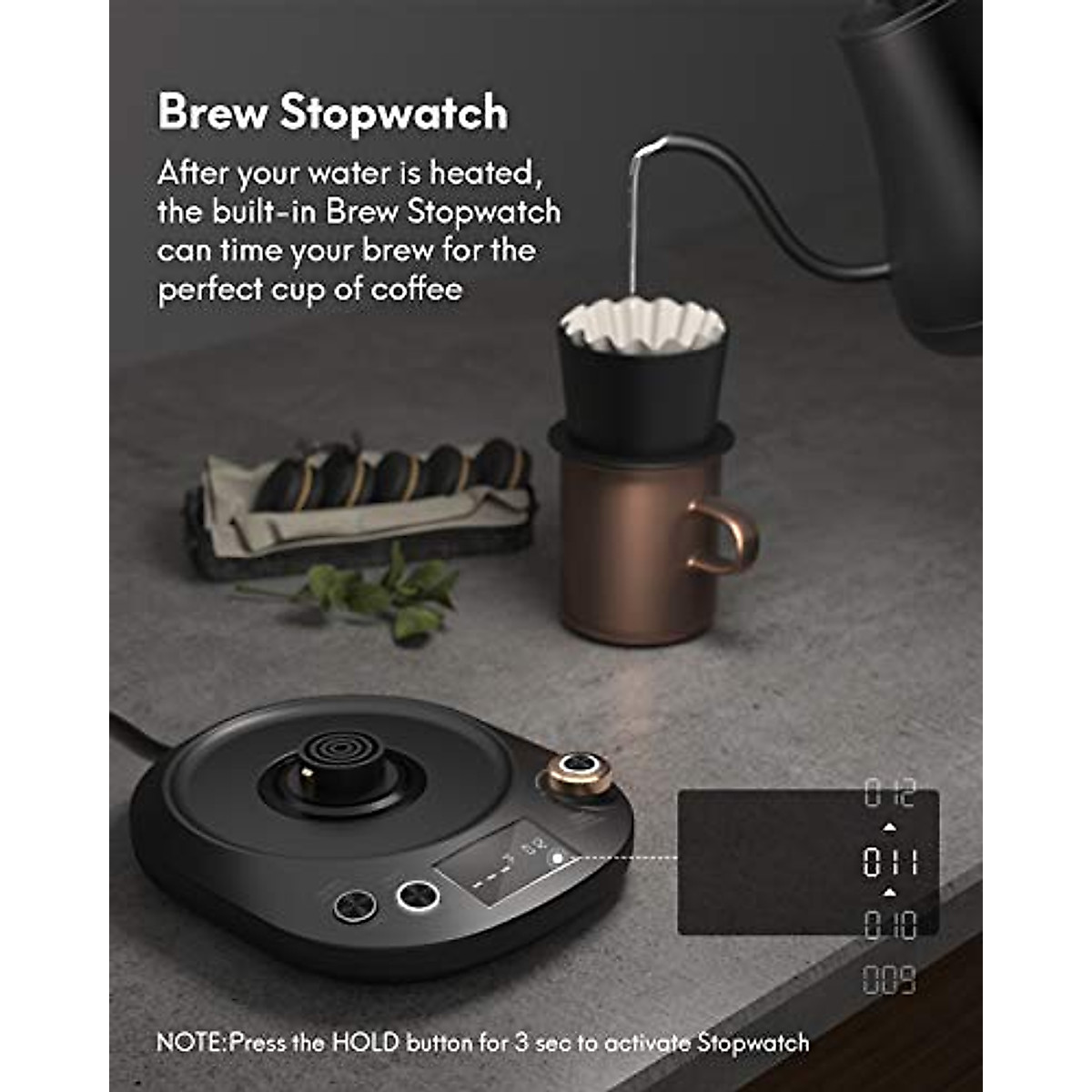 Gooseneck Kettle Temperature Control, Pour Over Electric Kettle for Coffee and Tea, 100% Stainless Steel Inner, 1200W Rapid Heating, 0.8L, Built-in Stopwatch, Matte Black
