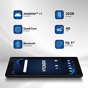 HYUNDAI 10 Inch Tablet, Hytab Plus - 2GB/32GB Storage with Expandable MicroSD(Up to 128 GB) - Android 11 Go with Quad Core - 5000mAh Battery - HD IPS Display, WiFi and LTE (T-Mobile only) - Black