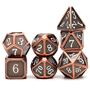 Haxtec Metal DND Dice Set W/Gift Metal Box Classic Collection Polyhedral Dice Set for Dungeons and Dragons RPG Games- Fine Antique Copper White Numbers
