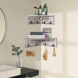 WGFKVAS Corner Shelf Wall Mounted Set of 2, Solid Wood Corner Floating Shelves with Hooks, Rustic White Wall Storage Display Shelf for Wall Decor Living Room, Entryway, Office, Bathroom