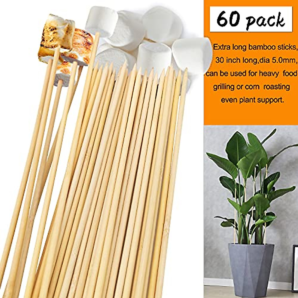 BLUE TOP Bamboo Marshmallow Roasting Sticks Smore Skewers 30 Inch 5mm Thick 60 PCS Extra Long Heavy Duty,Wooden Skewer BBQ Hot Dog Skewer,Great for Camping,Parties,Weddings and Plant Stakes.