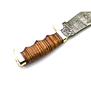 Skokie Knives Custom Hand Made Damascus Steel Hunting Knife Handle Leather Stacked with Brass Spacer (Stacked)