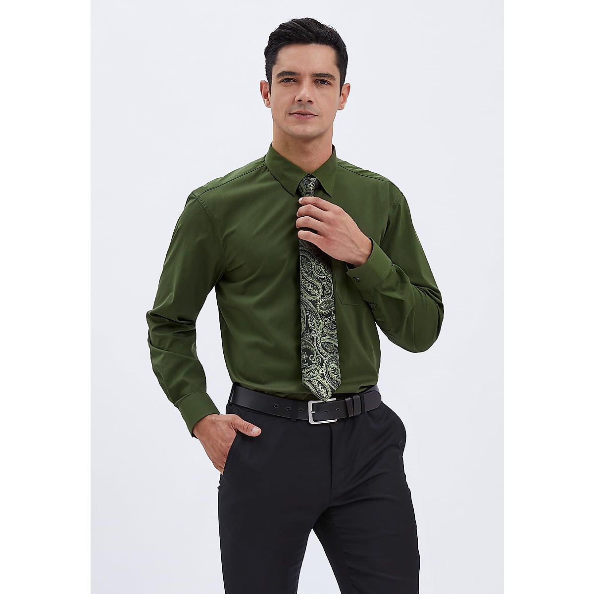 HISDERN Mens Green Dress Shirt Formal Business Long Sleeve Shirt and Tie Set Classic Button Down Regular Fit Shirts for Prom Party