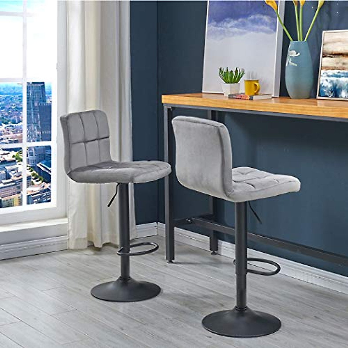 DUHOME Set of 2 Adjustable Swivel Velvet Bar Stool Chairs Counter Stools, Breakfast Chairs Grey