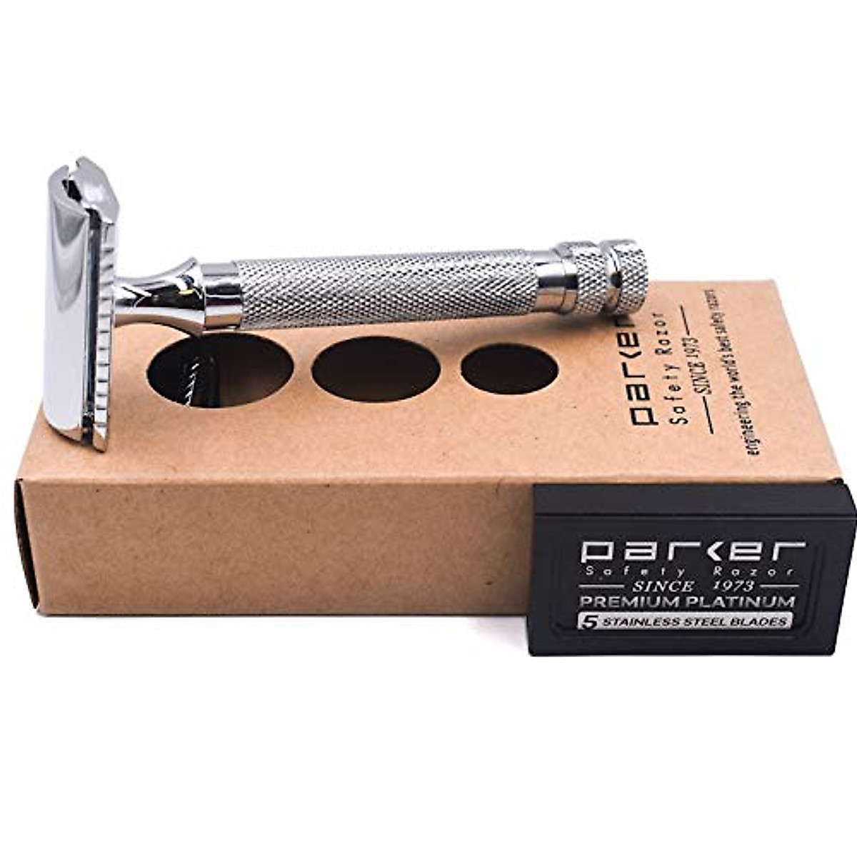 Parker 91R Double Edge Safety Razor – Three-Piece Heavyweight Safety Razor with Brass Frame & Chrome Plated Knurled Handle –5 Premium Parker Platinum Double Edge Razor Blades Included