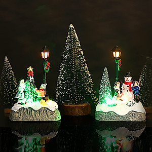 Karenhi Christmas Village Sets, 2 Pcs Snowman Tree Santa Christmas Village Scene with Figurines LED Light Xmas Accessories Tabletop Decorative Xmas Ornaments for Table Decor(Rustic Style)