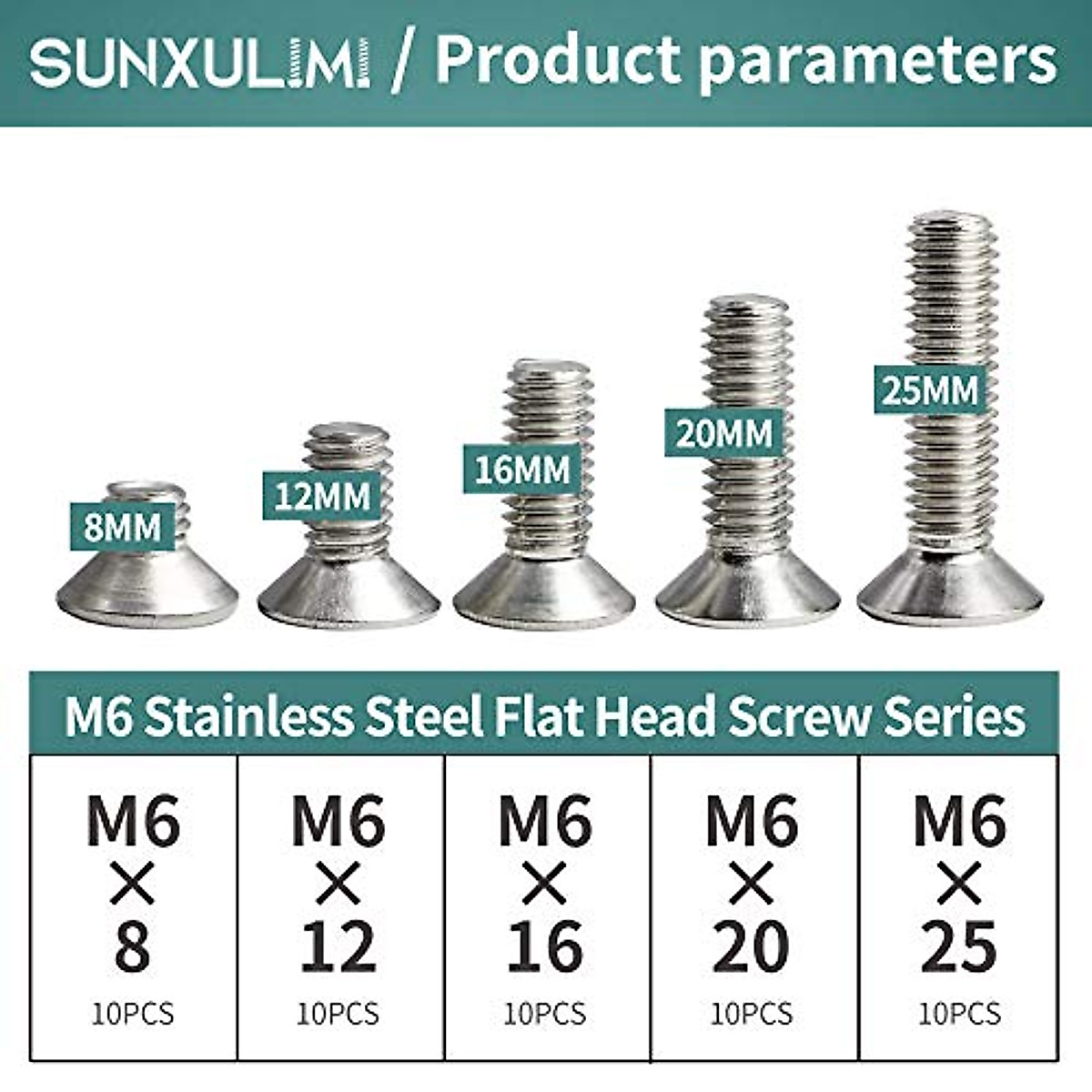 M6 x 8mm 12mm 16mm 20mm 25mm Flat Head Hex Socket Cap Screws Countersunk Bolts, 304 Stainless Steel, Fully Threaded, Bright Finish, Metric Allen Hex Drive, Assortment Kit 50PCS