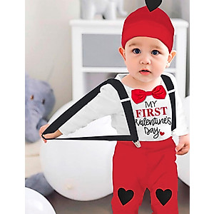 Baby Boy Valentines Day Outfit, Cute Letter Printed Long Sleeve Romper with Bow Tie + Pants + Hat 3Pcs Set