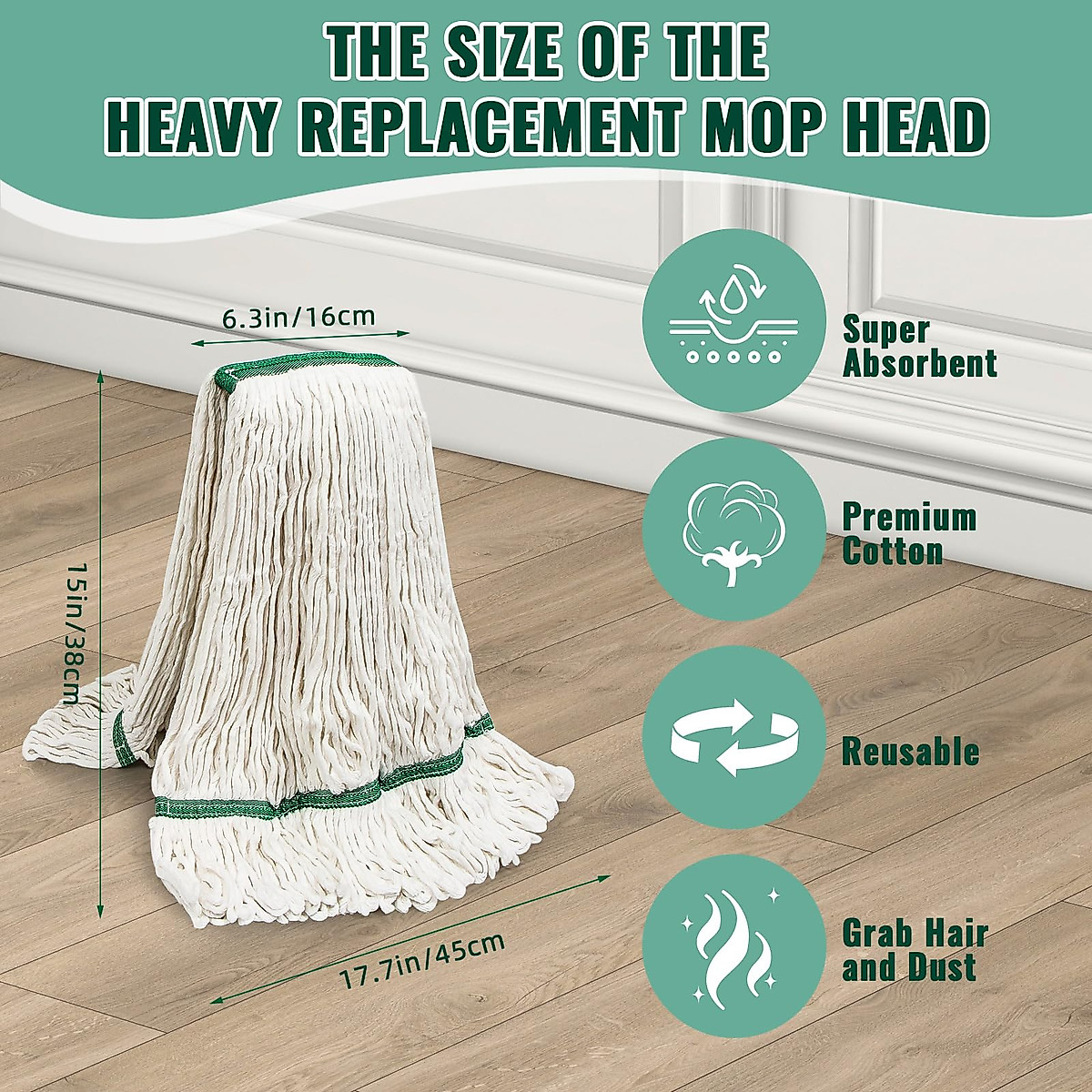 20oz Commercial Cleaning Mop Head Replacements- 3 Pack Heavy Duty Industrial Cotton Looped End String Cleaning Mop Head Refills,Used for Home,Garage,Office and Kitchen,White Mop Refills